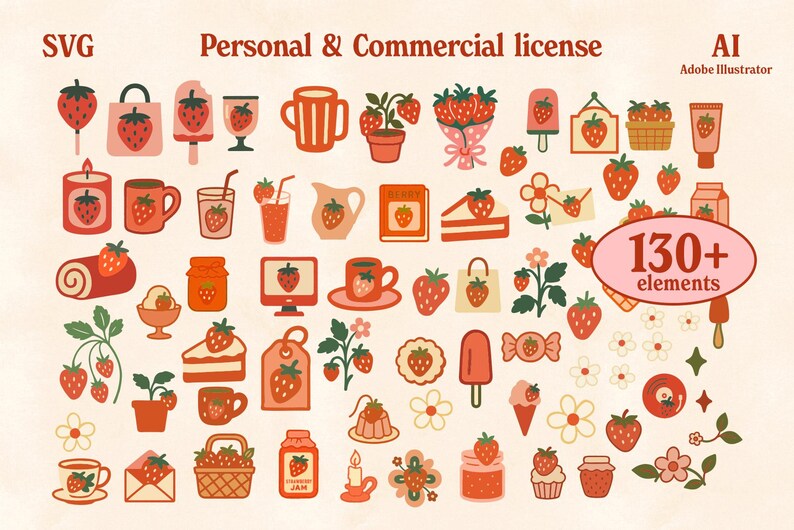 130+ Strawberry Clipart Bundle for Stickers T-shirts Mugs Packaging ...