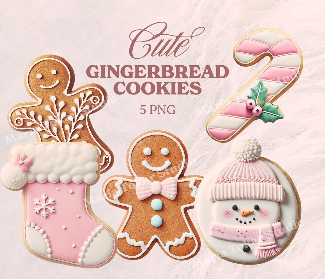 Cute Pink Gingerbread Cookie Clipart – 5 Pngs, Christmas Cookies With ...