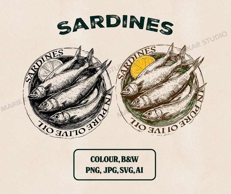 Vintage Sardines on A Plate Vector Illustration, Fish Clipart, Color, B ...