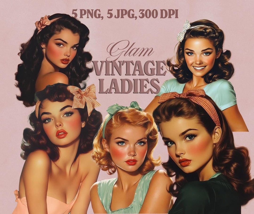 Glamorous Vintage Women Clipart PNG & JPG - Retro Pinup Style ...