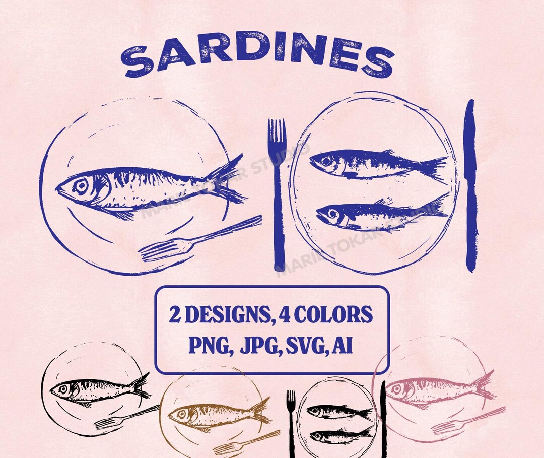Vintage Sardines Vector Illustrations Set, Fish Graphics Clipart, 4 ...