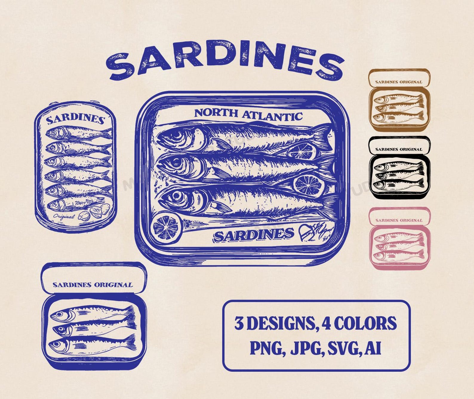 Vintage Sardines in A Can Vector Illustrations Set, Fish Clipart, 4 ...
