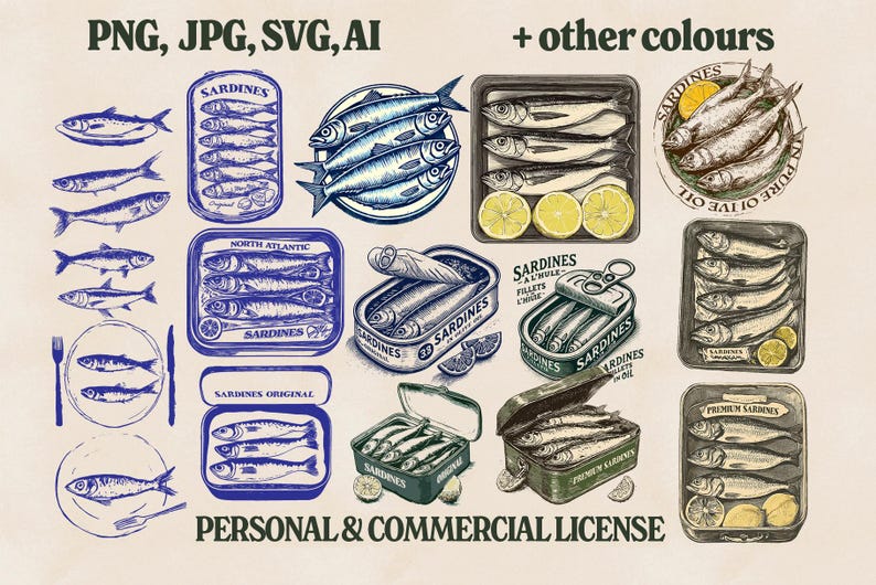 Vintage Sardines Bundle Vector Illustrations Set, Fish Clipart, 4 ...