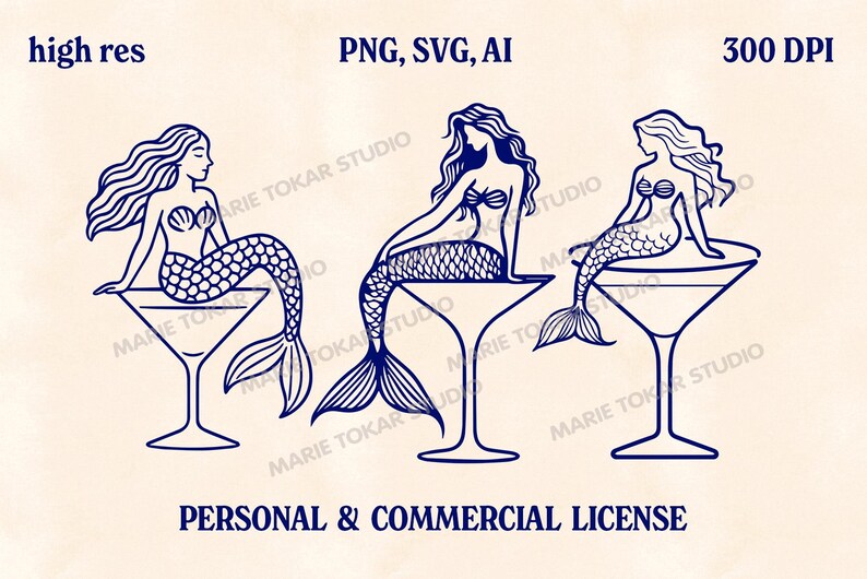 6 Mermaid Clipart in Martini Cocktail Glass PNG SVG & AI Files for ...