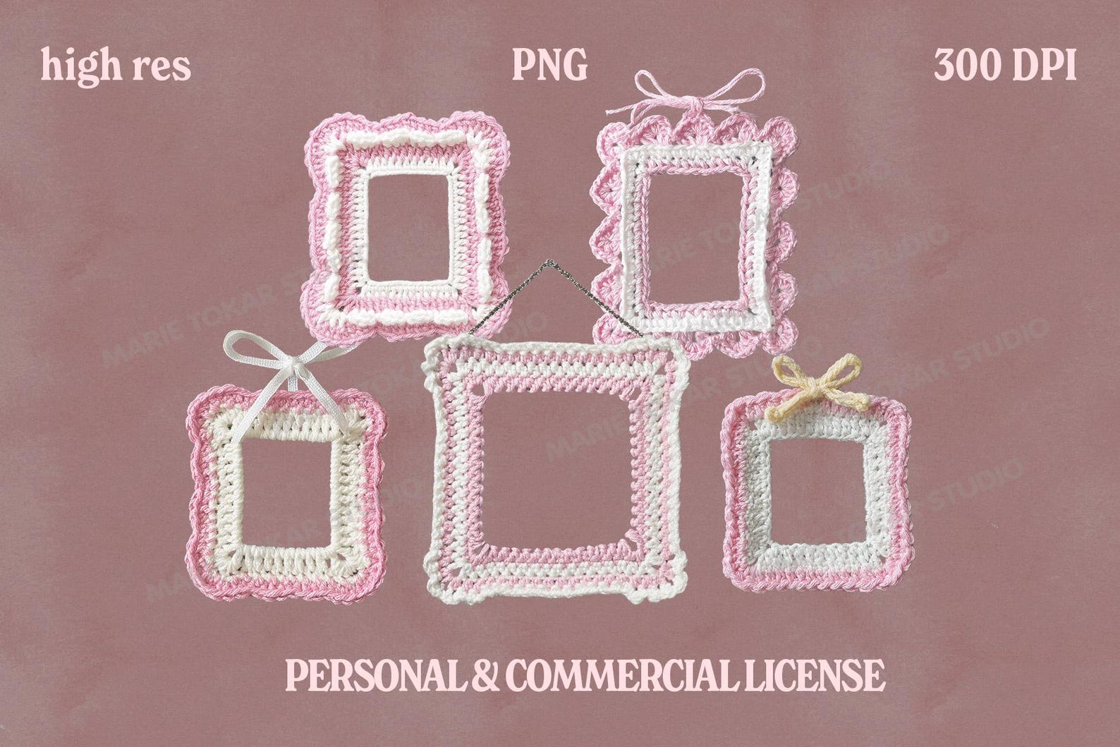 Crochet Frames PNG Bundle | 10 Realistic Pink & White Yarn Borders ...