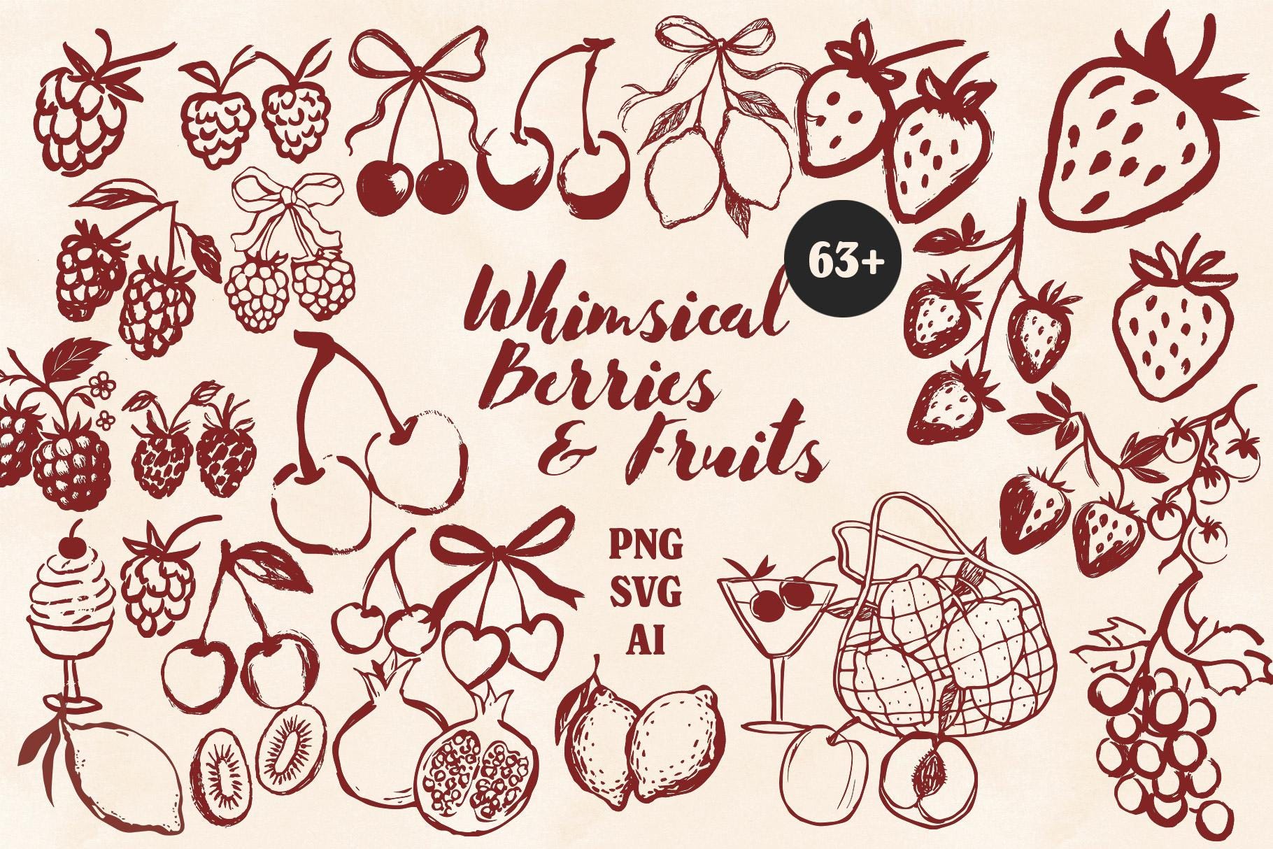 63 Whimsical Fruit Clipart Bundle SVG & PNG | Hand Drawn Line Art ...