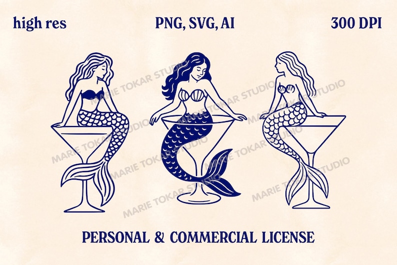 6 Mermaid Clipart in Martini Cocktail Glass PNG SVG & AI Files for ...