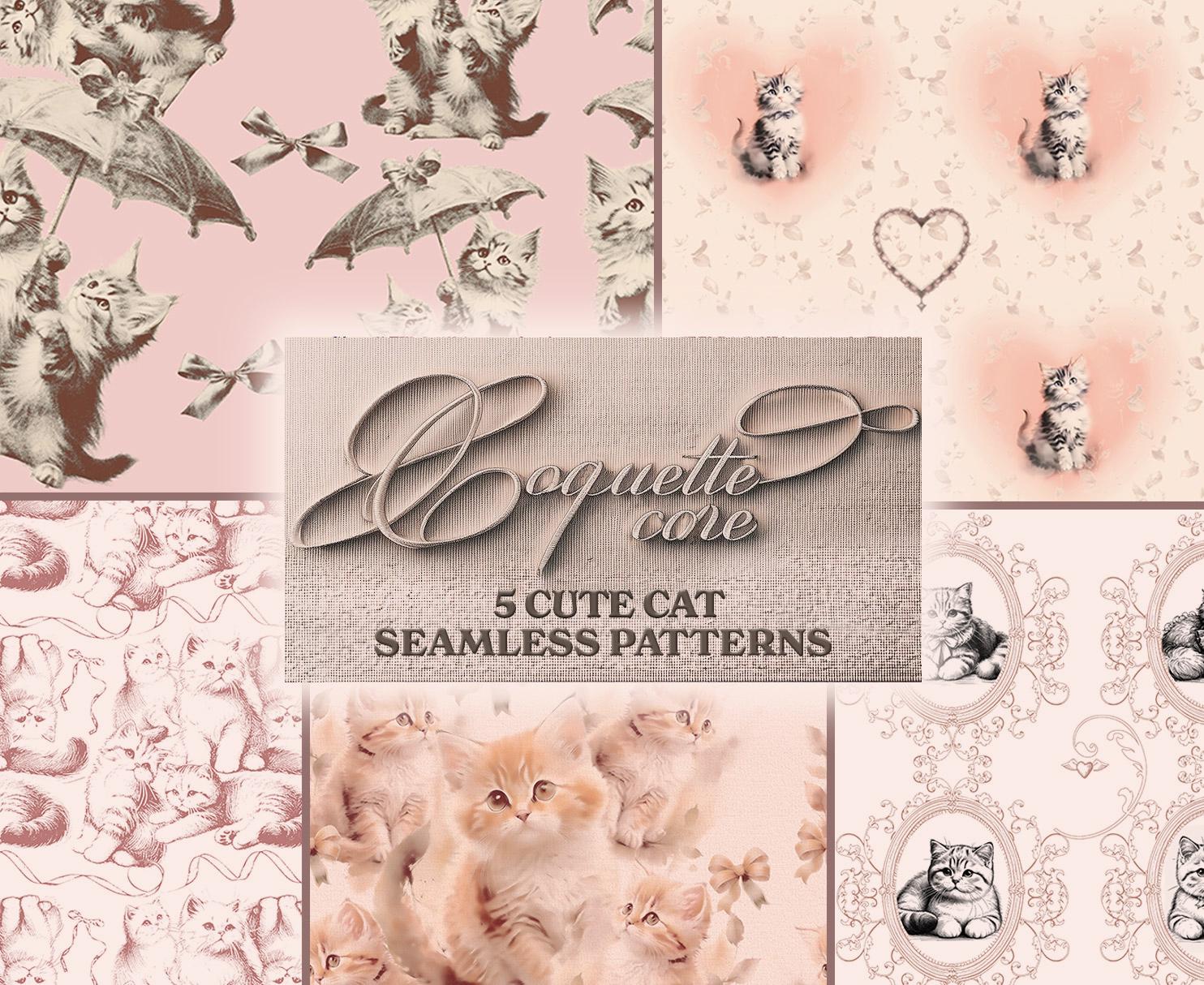 5 Coquette Core Cat Seamless Patterns, Adorable Vintage-inspired Kitten ...