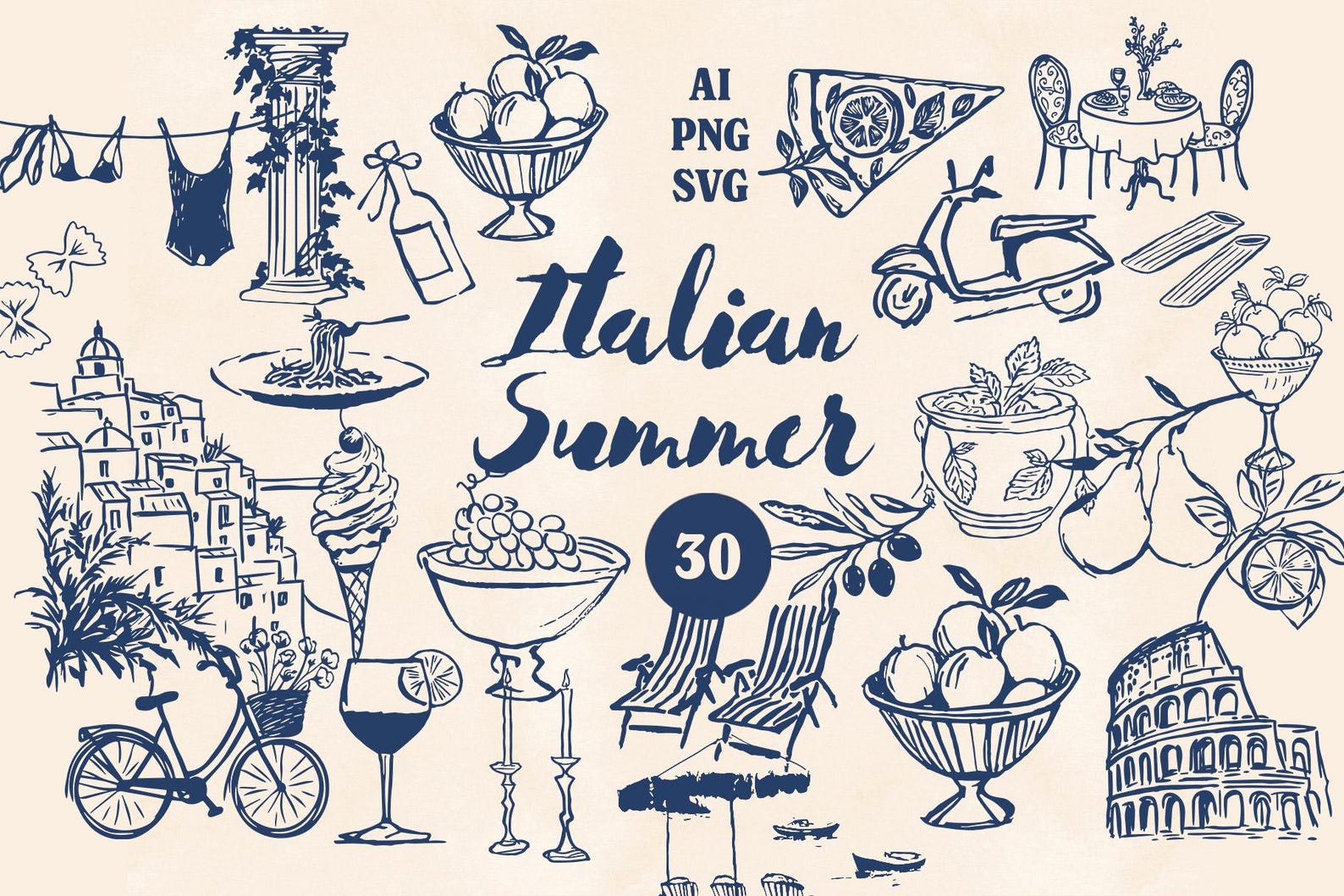 30 Whimsical Italian Summer Illustrations SVG PNG AI, Hand Drawn Line ...