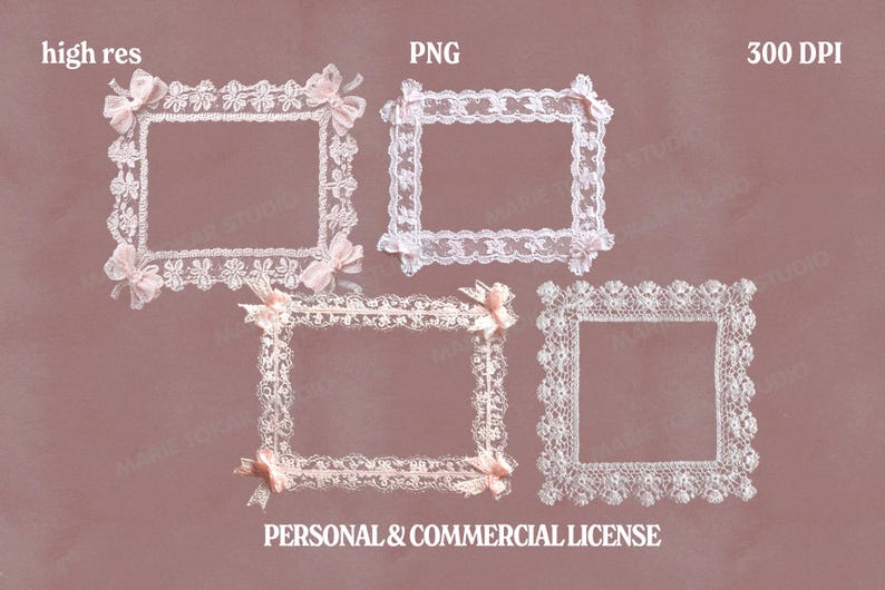 Coquette Frames PNG Set | 15 Lace & Ribbon Square Cliparts | Realistic ...
