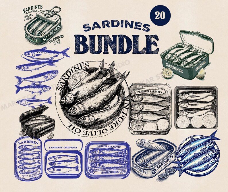 Vintage Sardines Bundle Vector Illustrations Set, Fish Clipart, 4 ...