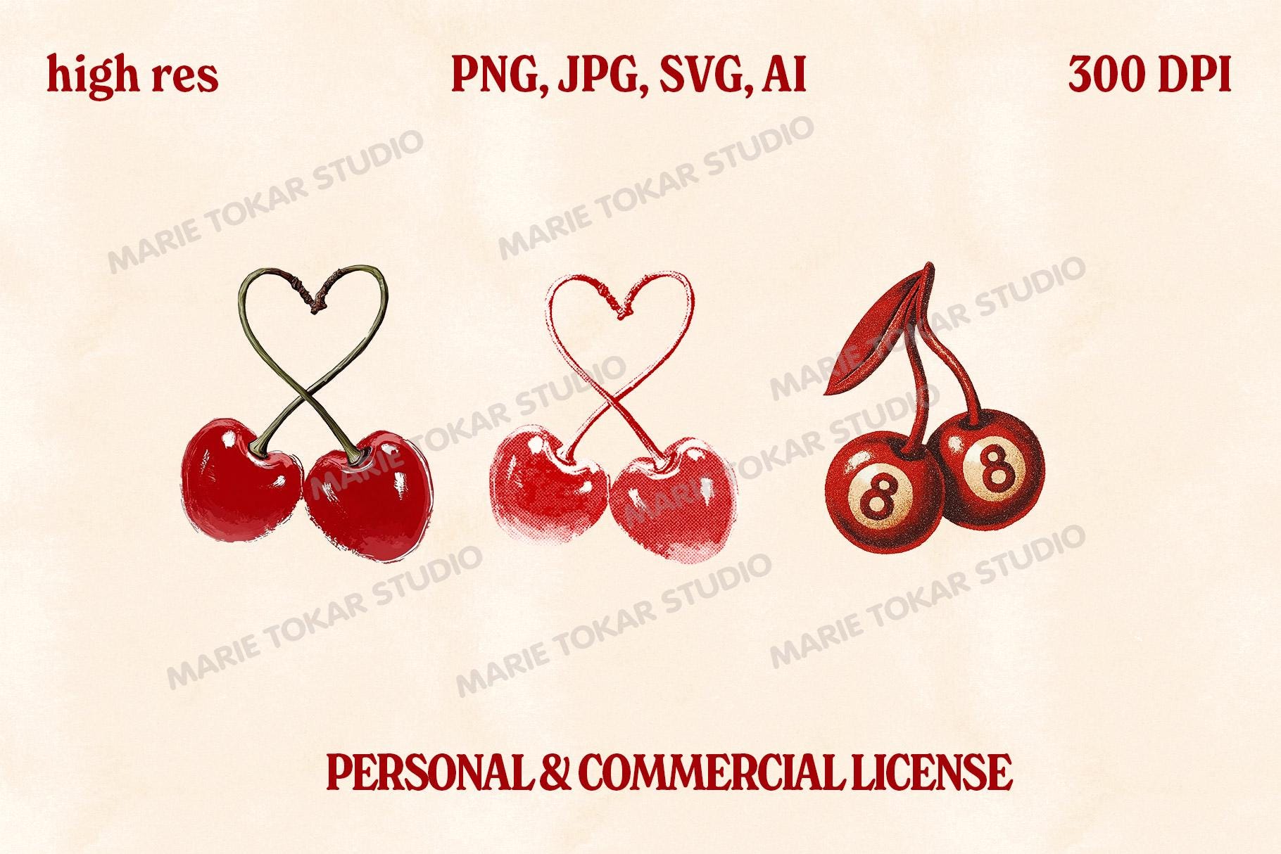 Vintage Cherry Illustration Set – 5 Red Cherries in Vector & Raster ...