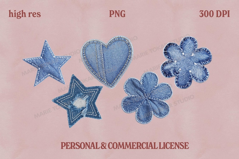 Denim Patches PNG Bundle – 10 Heart, Star, Flower Shaped Blue Jean ...