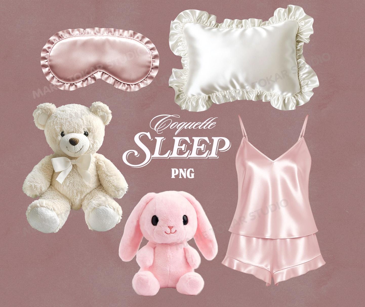5 Coquette Sleep Pngs Satin Pillow Teddy Bear Plushie Bunny Sleepwear ...