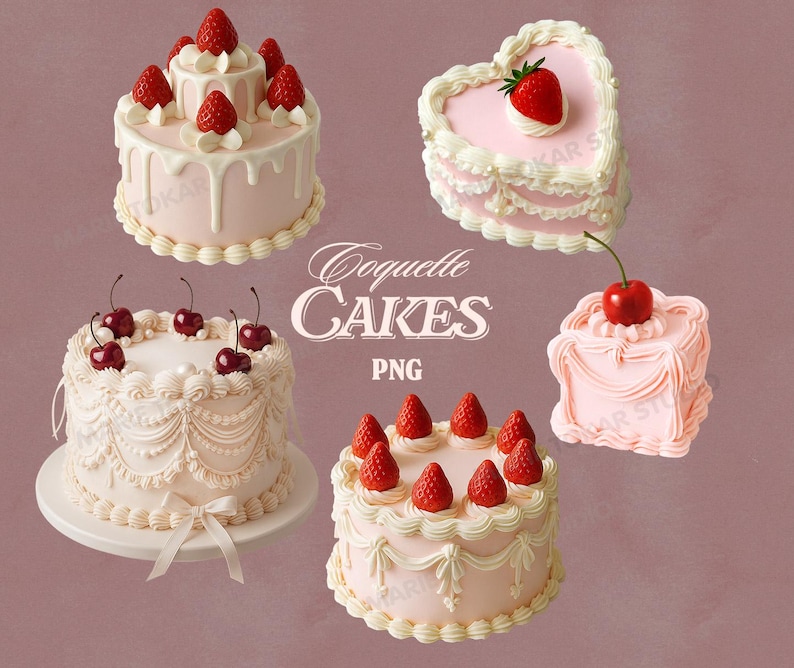 Kawaii Vintage Coquette Cake PNG Clipart Pack of 5 for Bakery Design ...