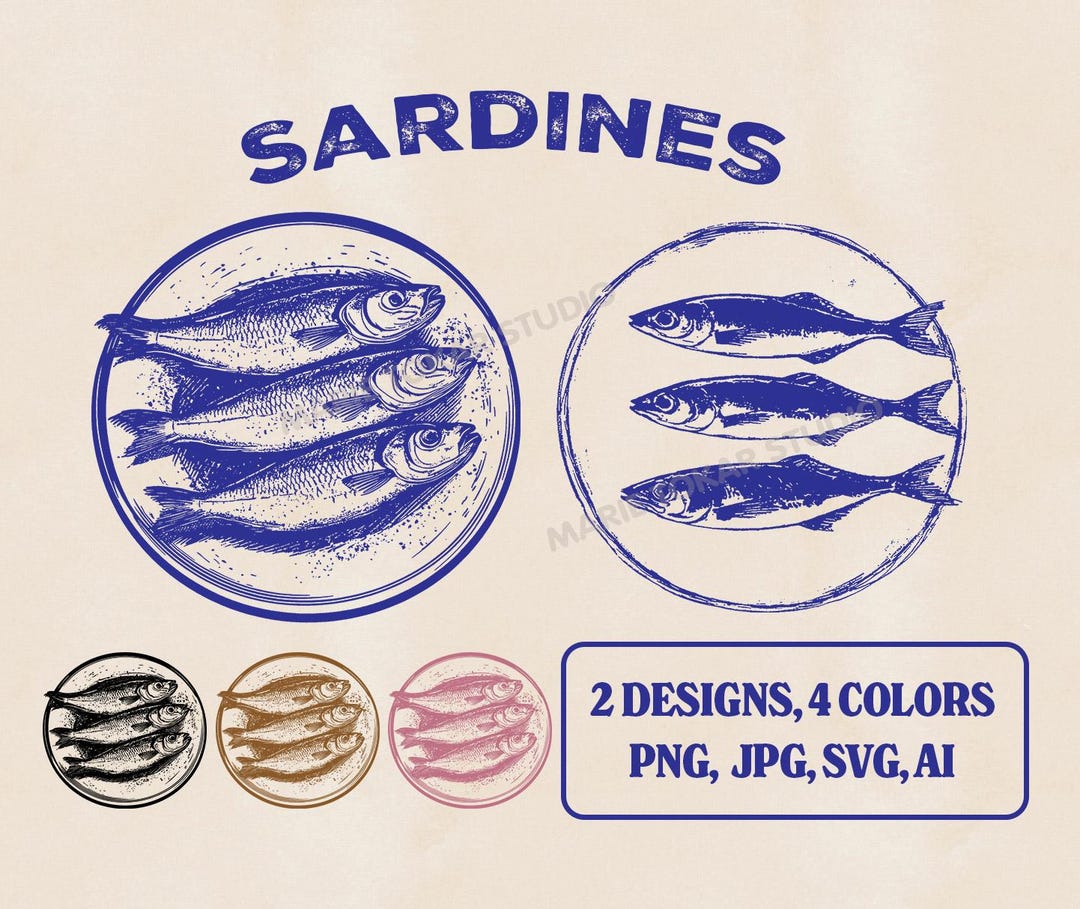 Vintage Sardines Vector Illustrations Set, Fish Graphics Clipart, 4 ...