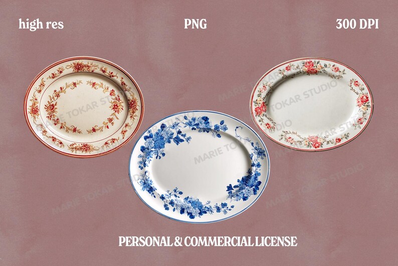 Baroque Plates PNG Set | 6 Vintage Floral Dish Clipart | Realistic ...