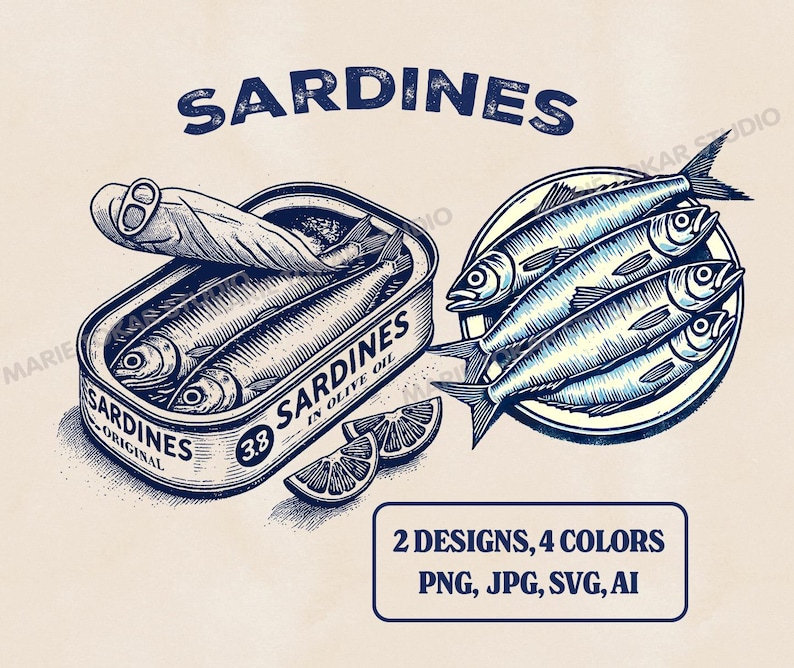 Vintage Sardines in A Can Vector Illustrations Set, Fish Clipart, 4 ...