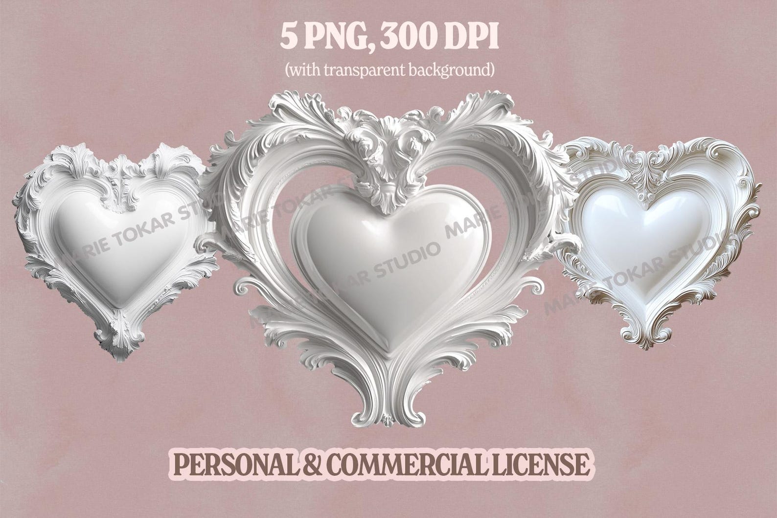 Ornate Baroque Heart Clipart - 5 PNG White Hearts, Transparent ...
