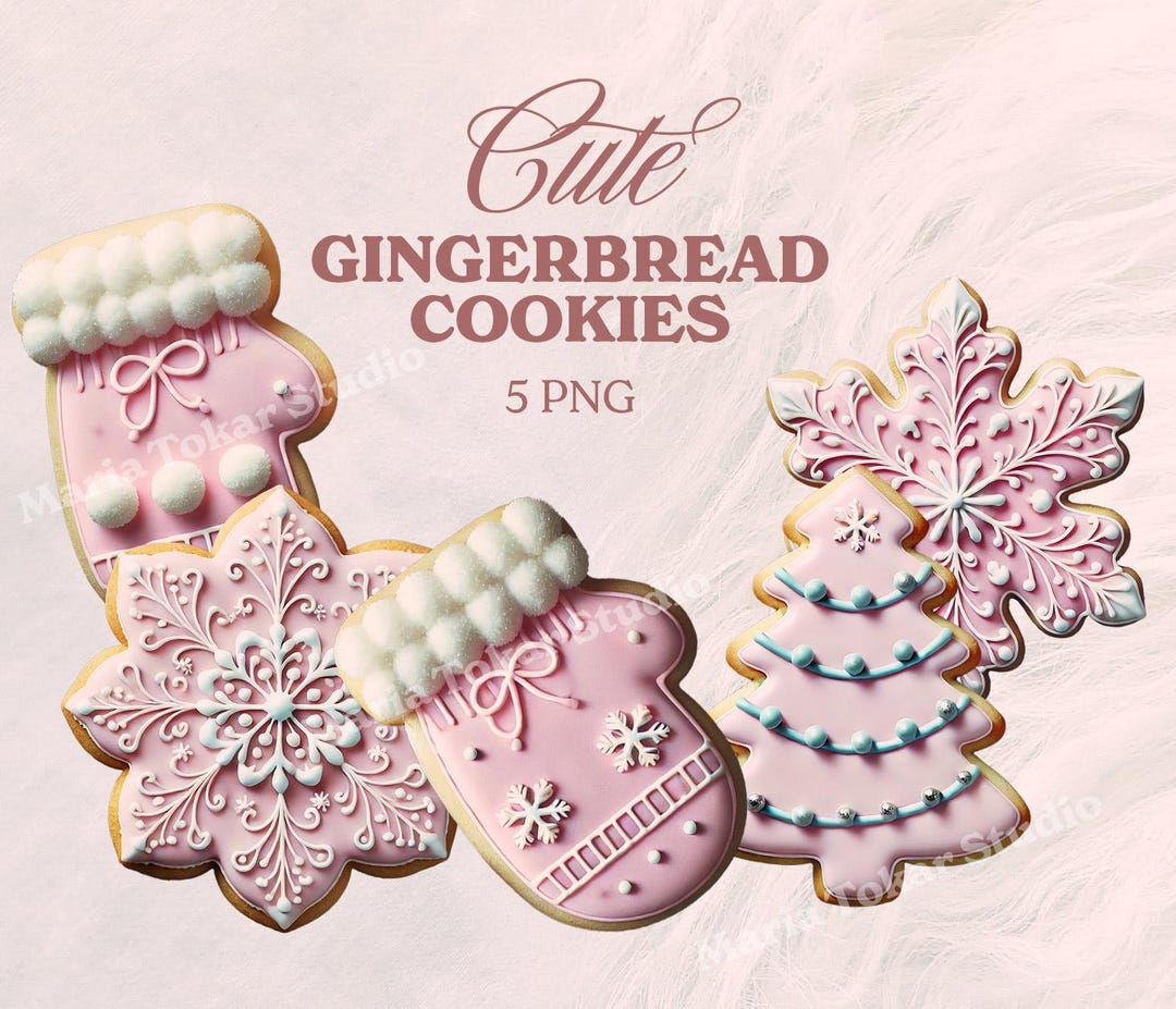 Pastel Pink Cute Gingerbread Cookie Clipart Set – 5 Pngs, Transparent ...