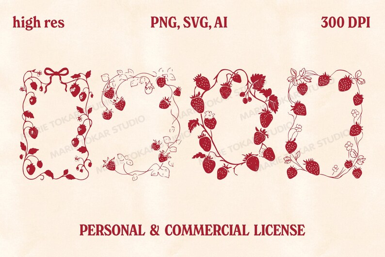 Strawberry Frame Clipart Set of 10 PNG SVG AI Hand Drawn Fruit Borders ...