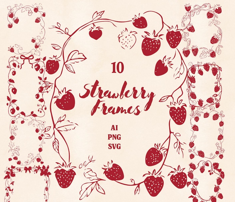 Strawberry Frame Clipart Set of 10 PNG SVG AI Hand Drawn Fruit Borders ...
