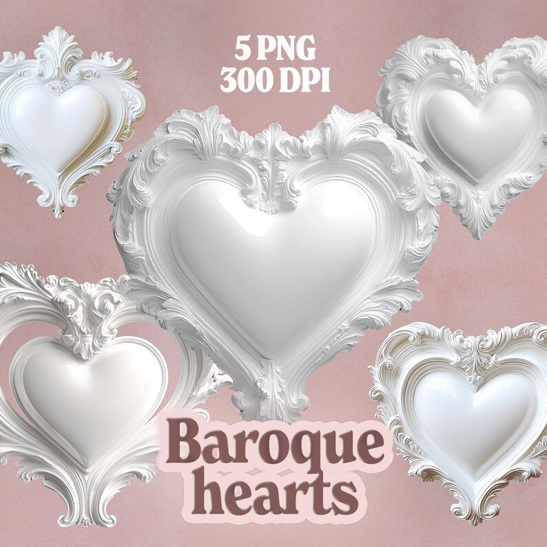 Ornate Baroque Heart Clipart - 5 PNG White Hearts, Transparent ...