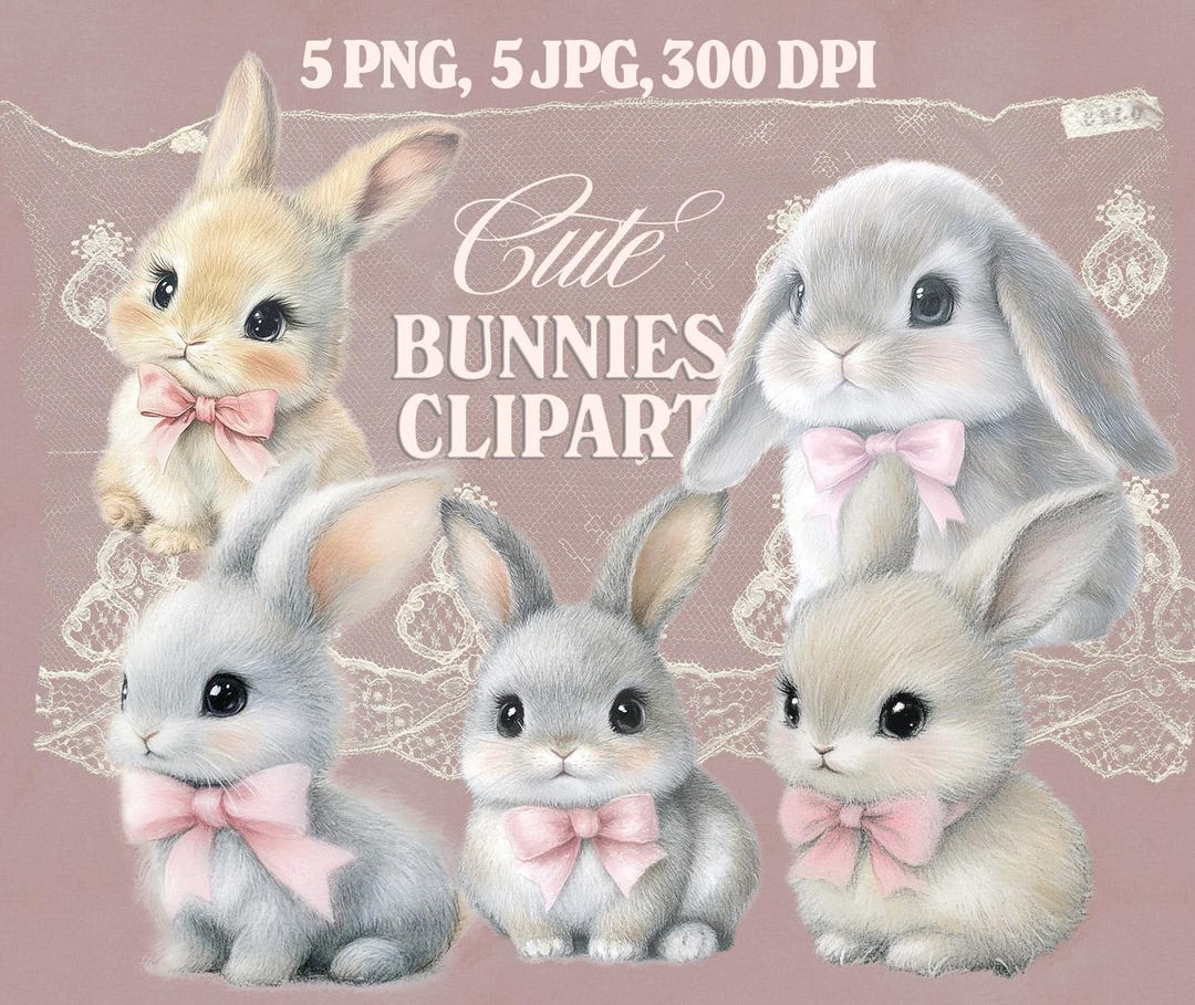 Hand-drawn Fluffy Bunny Clipart - 5 Cute Kawaii Adorable Coquette ...