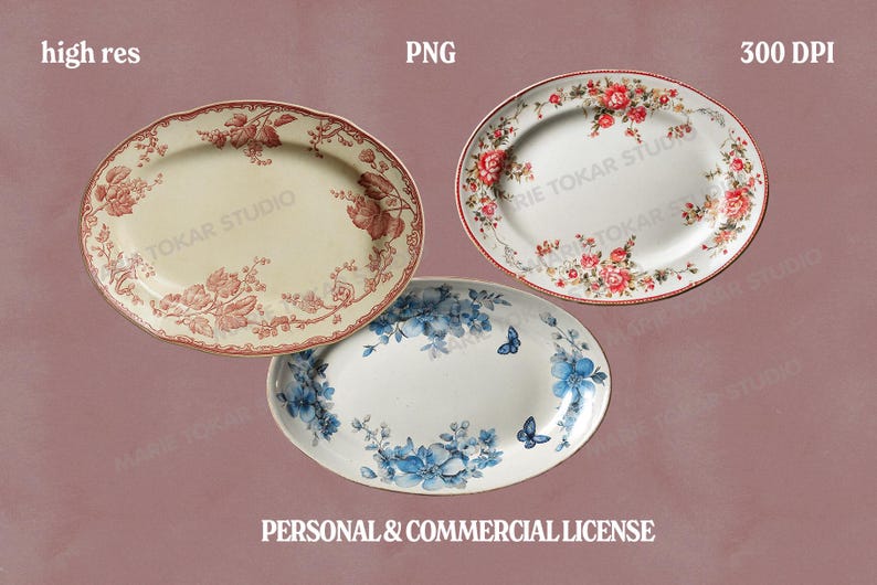 Baroque Plates PNG Set | 6 Vintage Floral Dish Clipart | Realistic ...