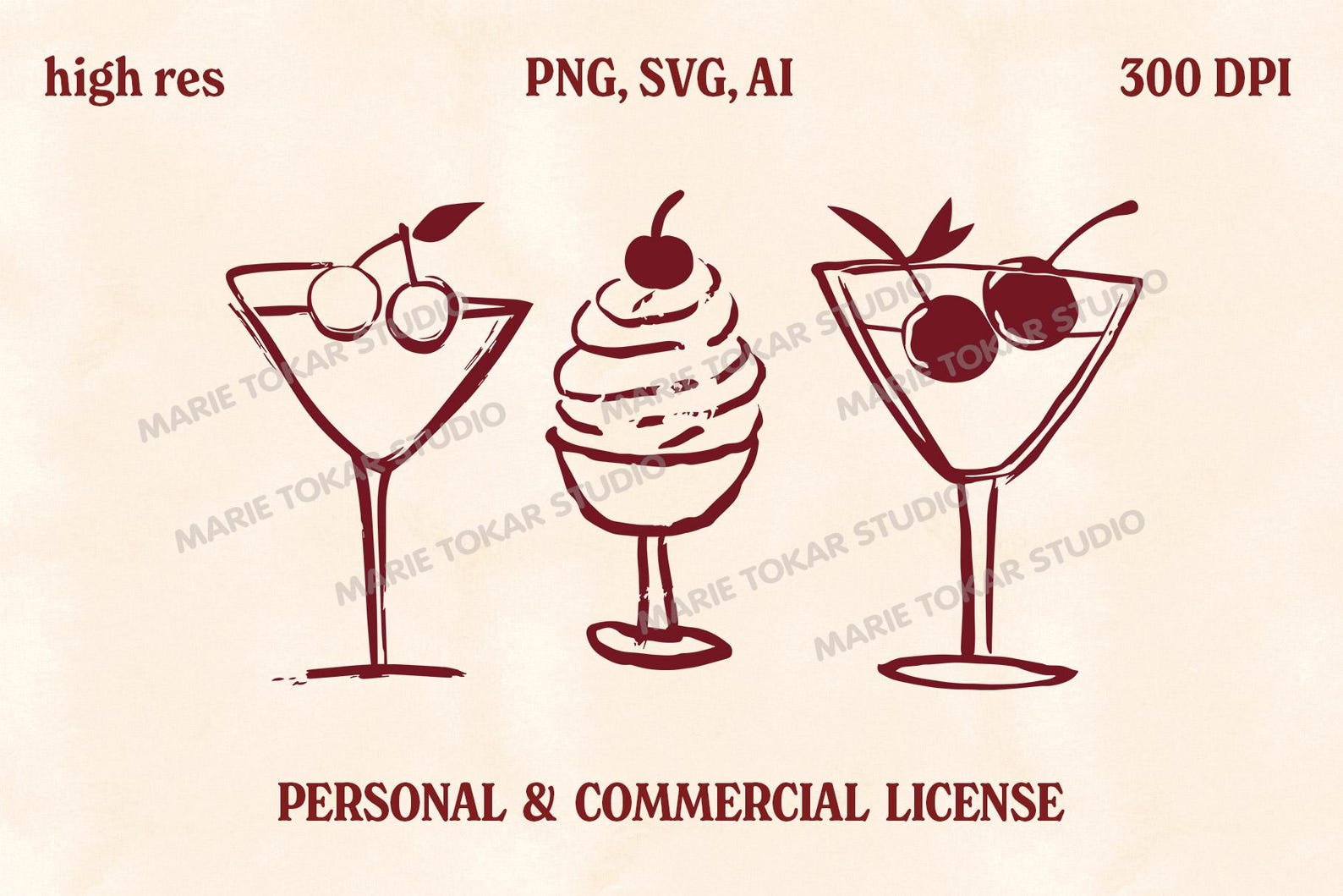 12 Hand Drawn Whimsical Cherry SVG & PNG – Line Art Clipart for ...