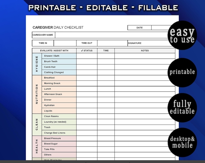 Caregiver Daily Tasks Log. Caregiver Time Worked. Elderly Care ...