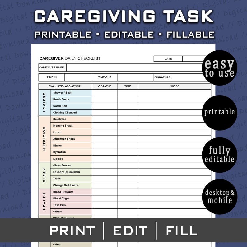 Caregiver Daily Tasks Log. Caregiver Time Worked. Elderly Care ...