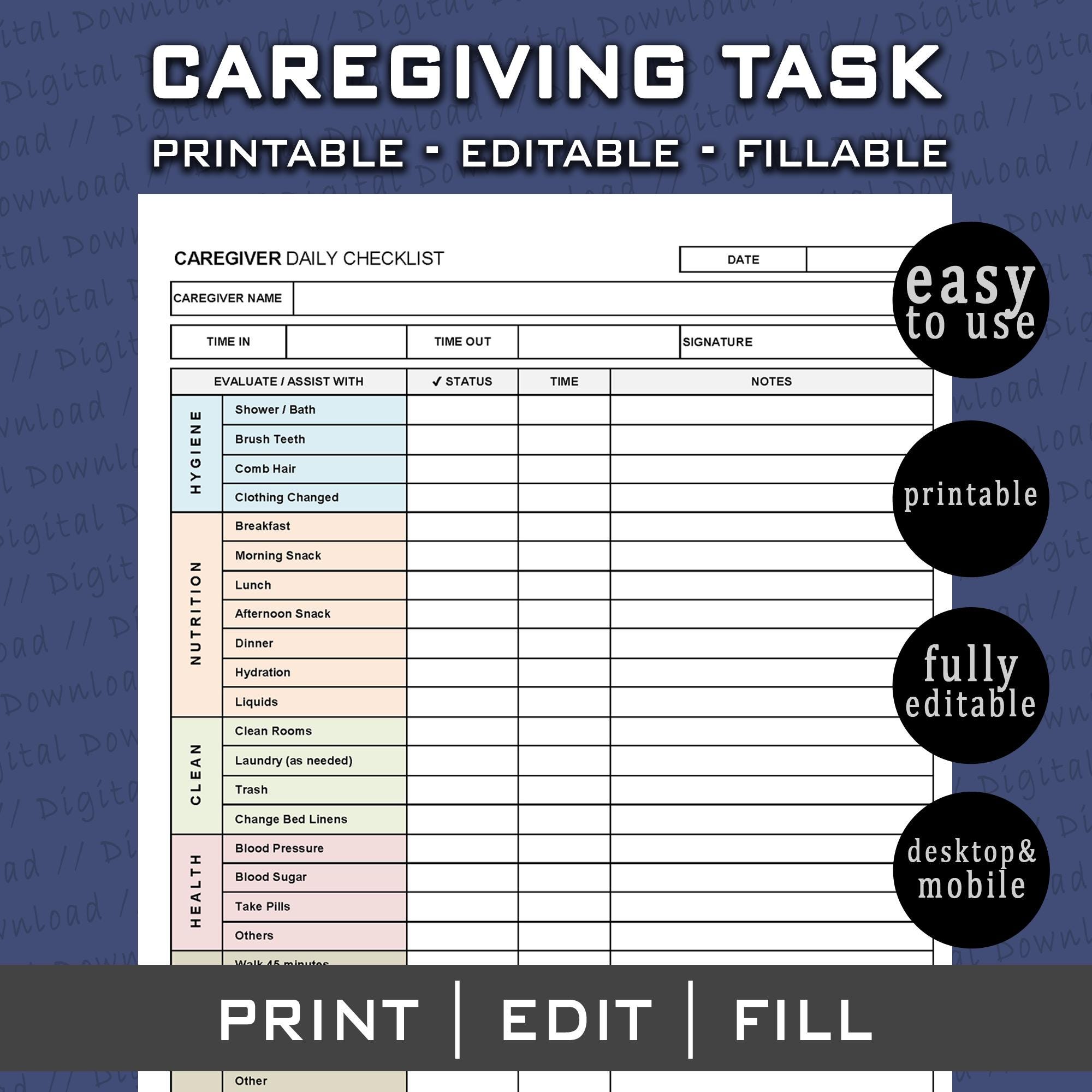 Caregiver Daily Tasks Log. Caregiver Time Worked. Elderly Care ...