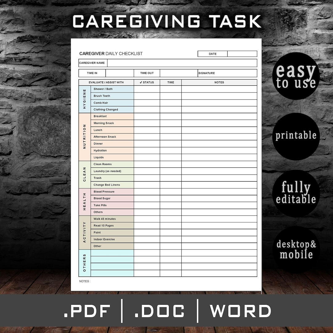 Printable Caregiver Checklist | Daily Log for Home Care, Elderly, or ...