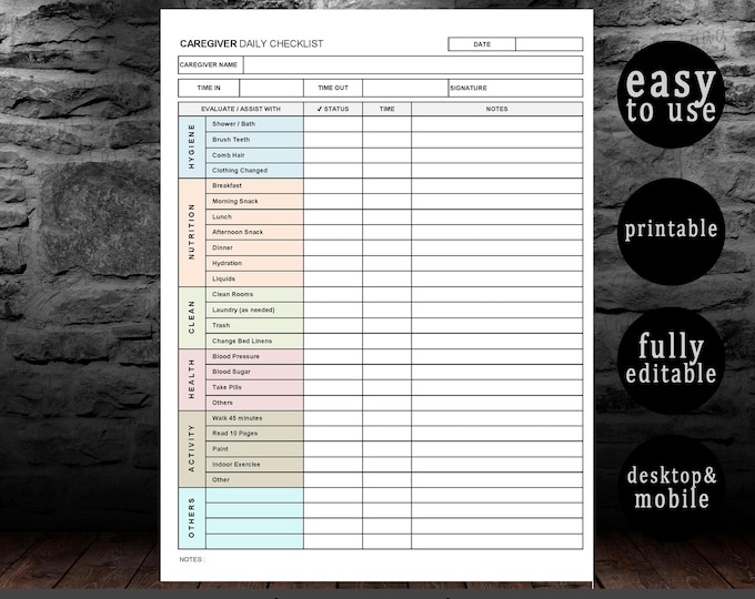 Printable Caregiver Checklist | Daily Log for Home Care, Elderly, or ...