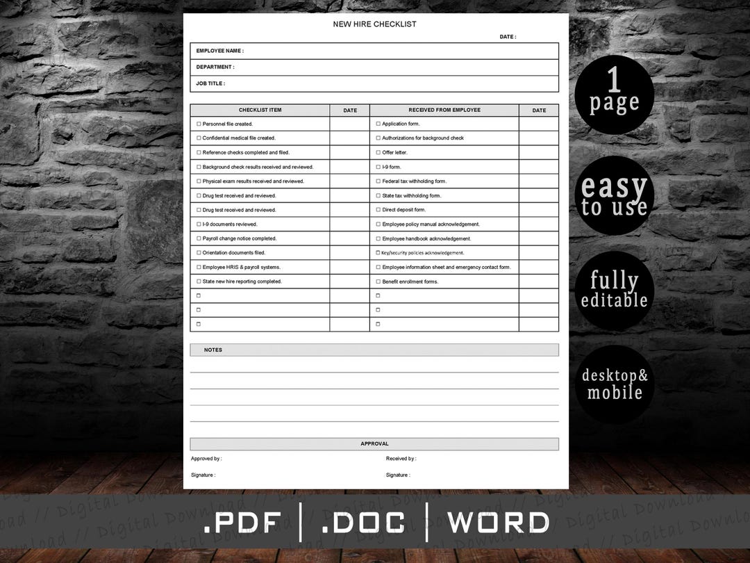 New Hire Checklist Template Pdf Docx Word New Employee Checklist Form ...