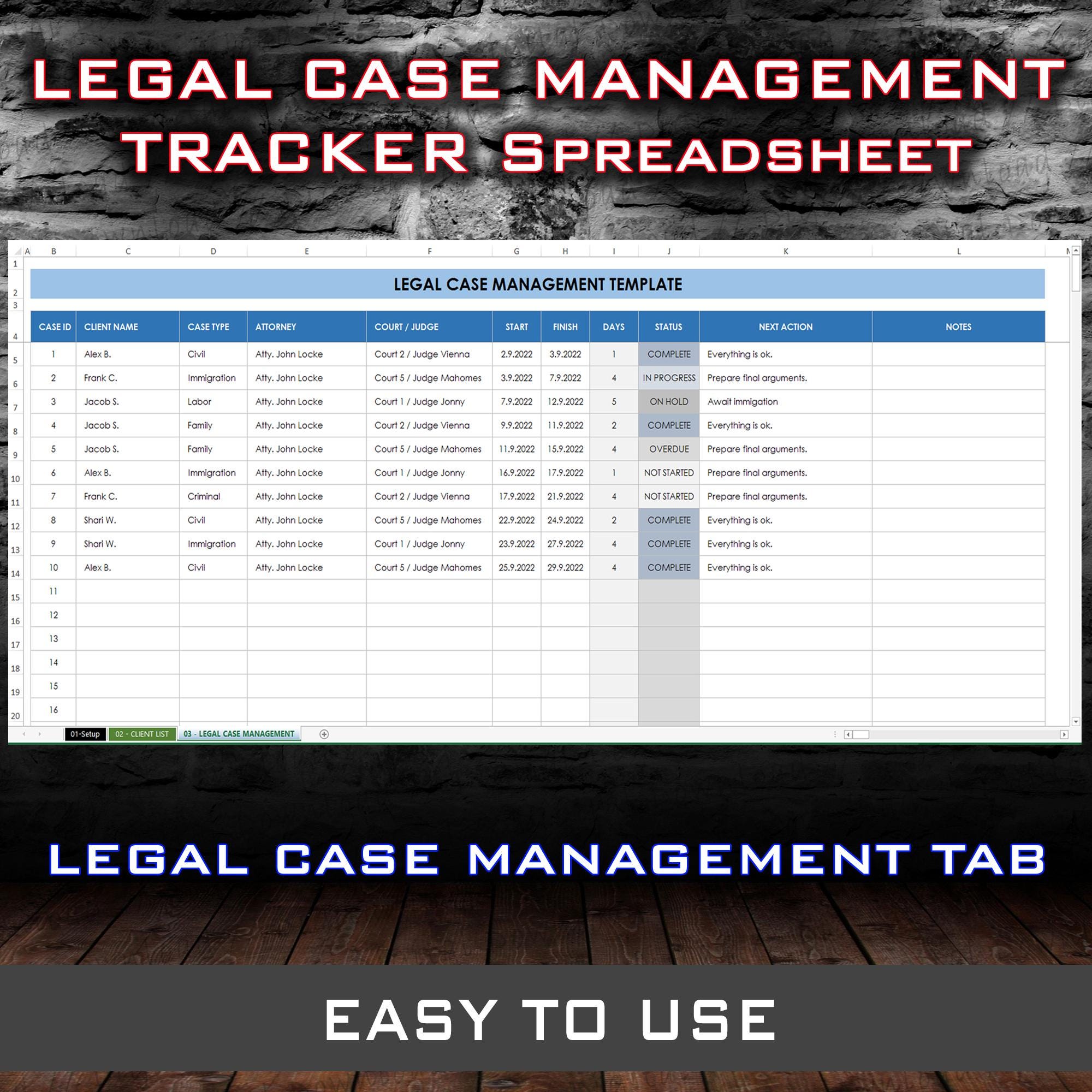 Legal Case Management Spreadsheet for Attorneys, Attorney Case Tracker ...