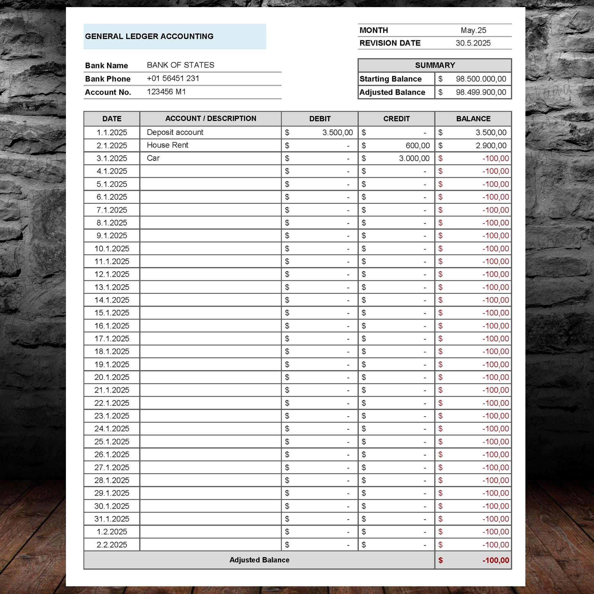 General Ledger Accounting Template Printable, General Ledger Editable ...
