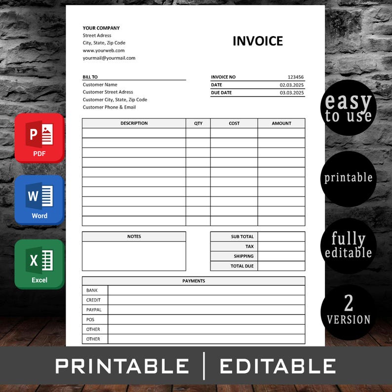 Fillable Invoice Template PDF (auto-total) · A4 & US Letter · Small ...