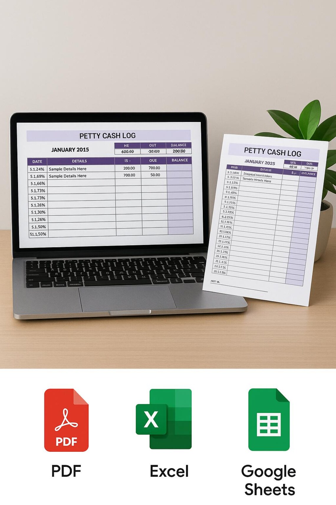 Petty Cash Log Template – Excel, Google Sheets & PDF | Auto-calculating ...