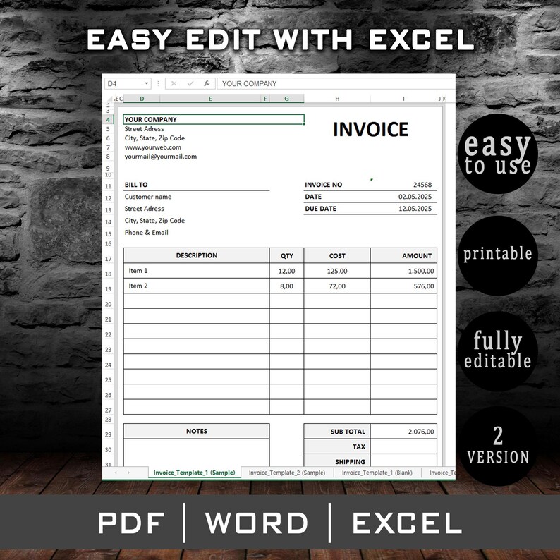 Invoice Template Fillable PDF, Invoice Template Editable PDF Small ...