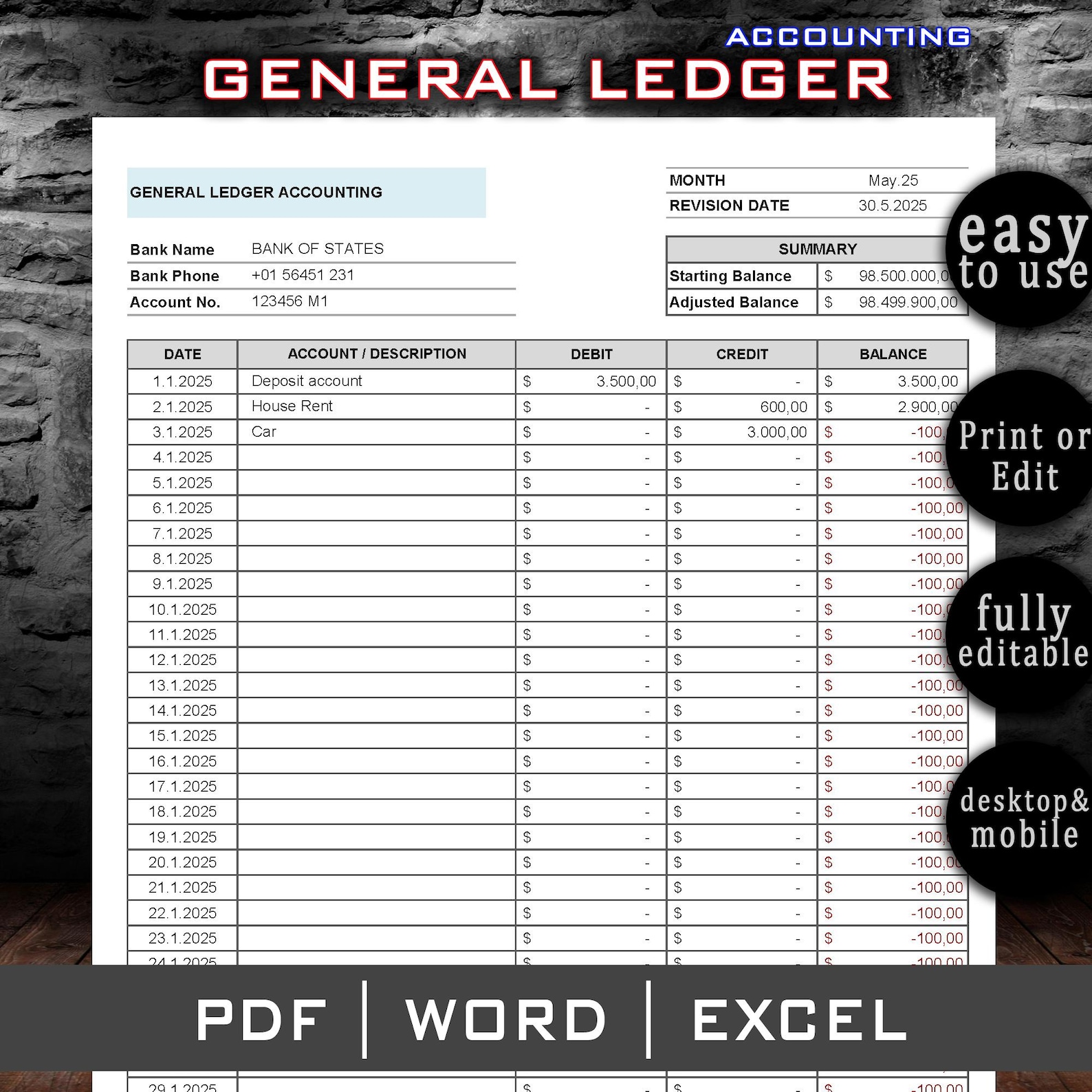 General Ledger Accounting Template Printable, General Ledger Editable ...