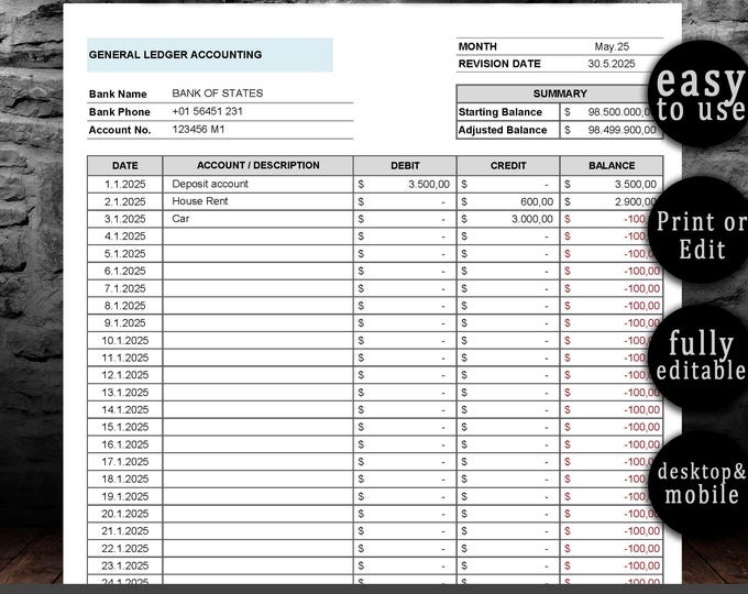 General Ledger Accounting Template Printable, General Ledger Editable ...
