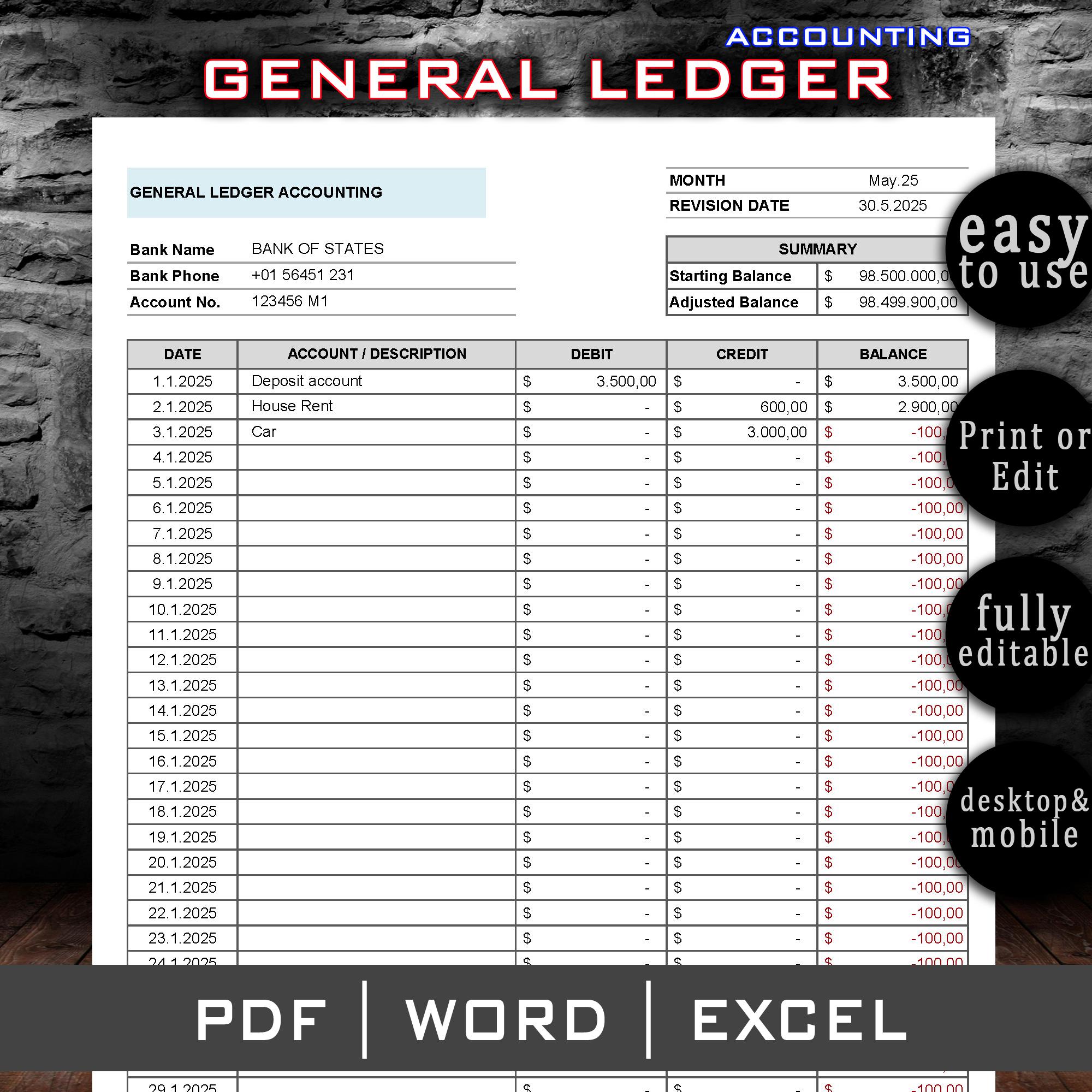 General Ledger Accounting Template Printable, General Ledger Editable ...
