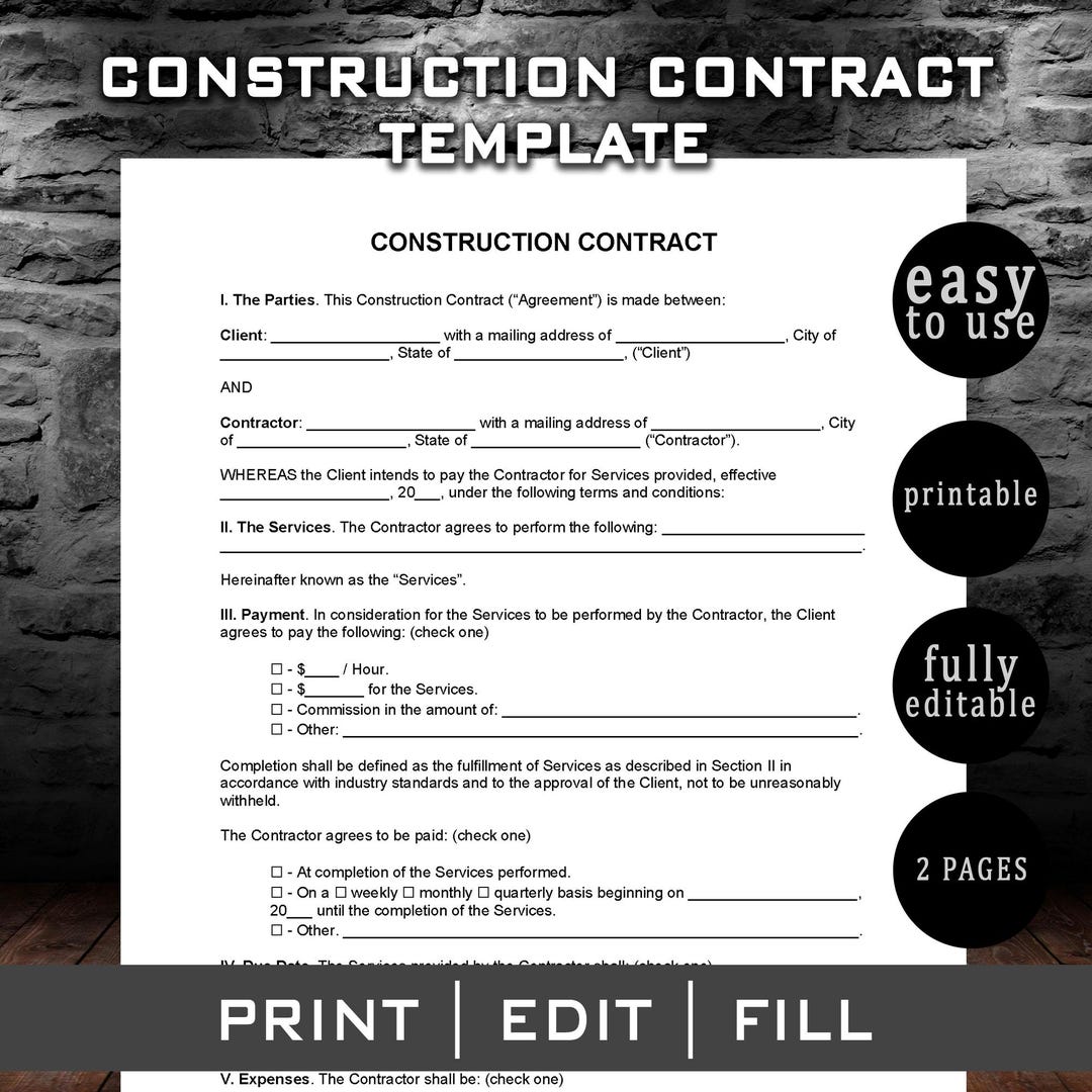 Construction Contract Agreement Template Construction Contract Form ...