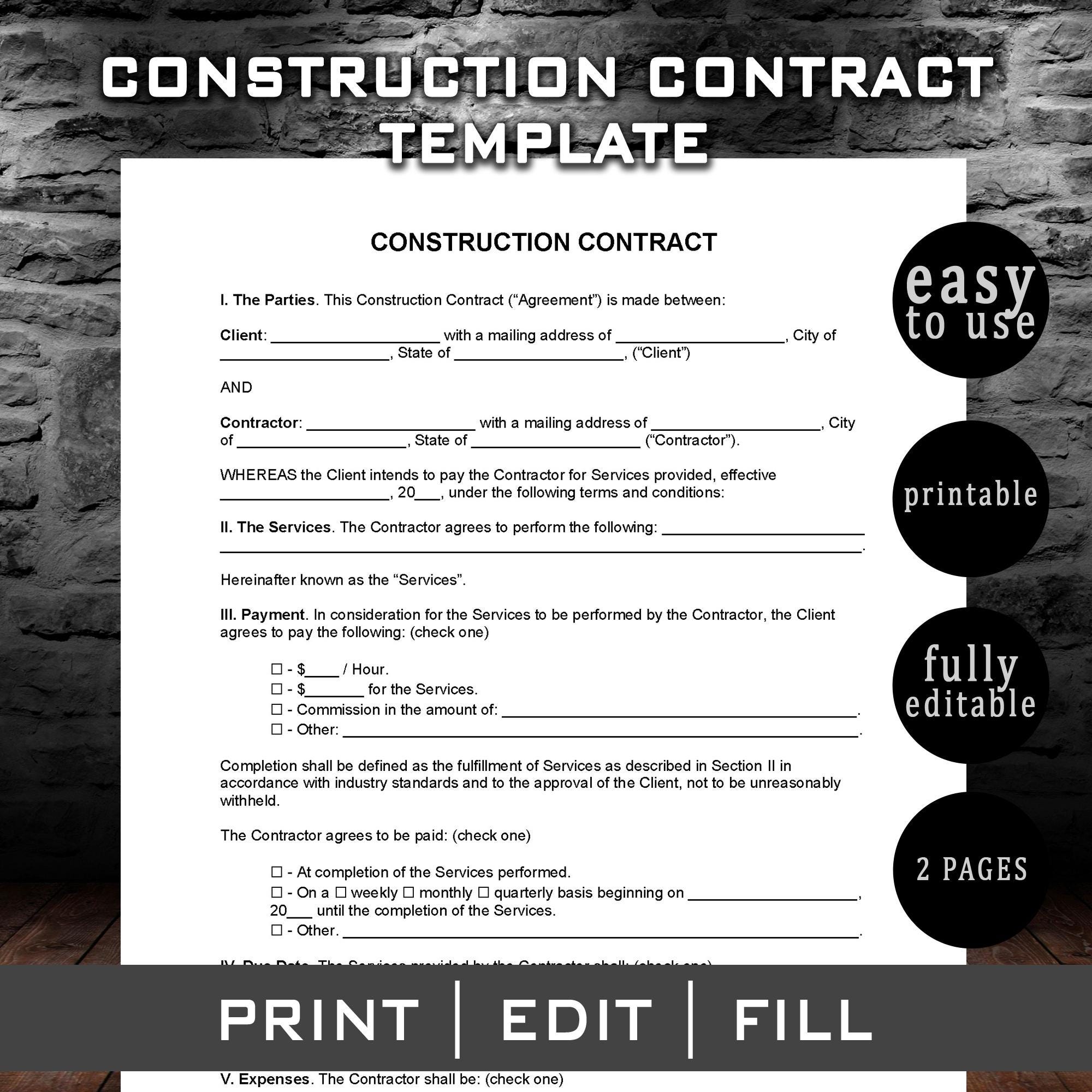 Construction Contract Agreement Template Construction Contract Form ...
