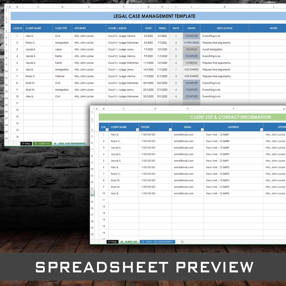 Legal Case Management Spreadsheet for Attorneys, Attorney Case Tracker ...