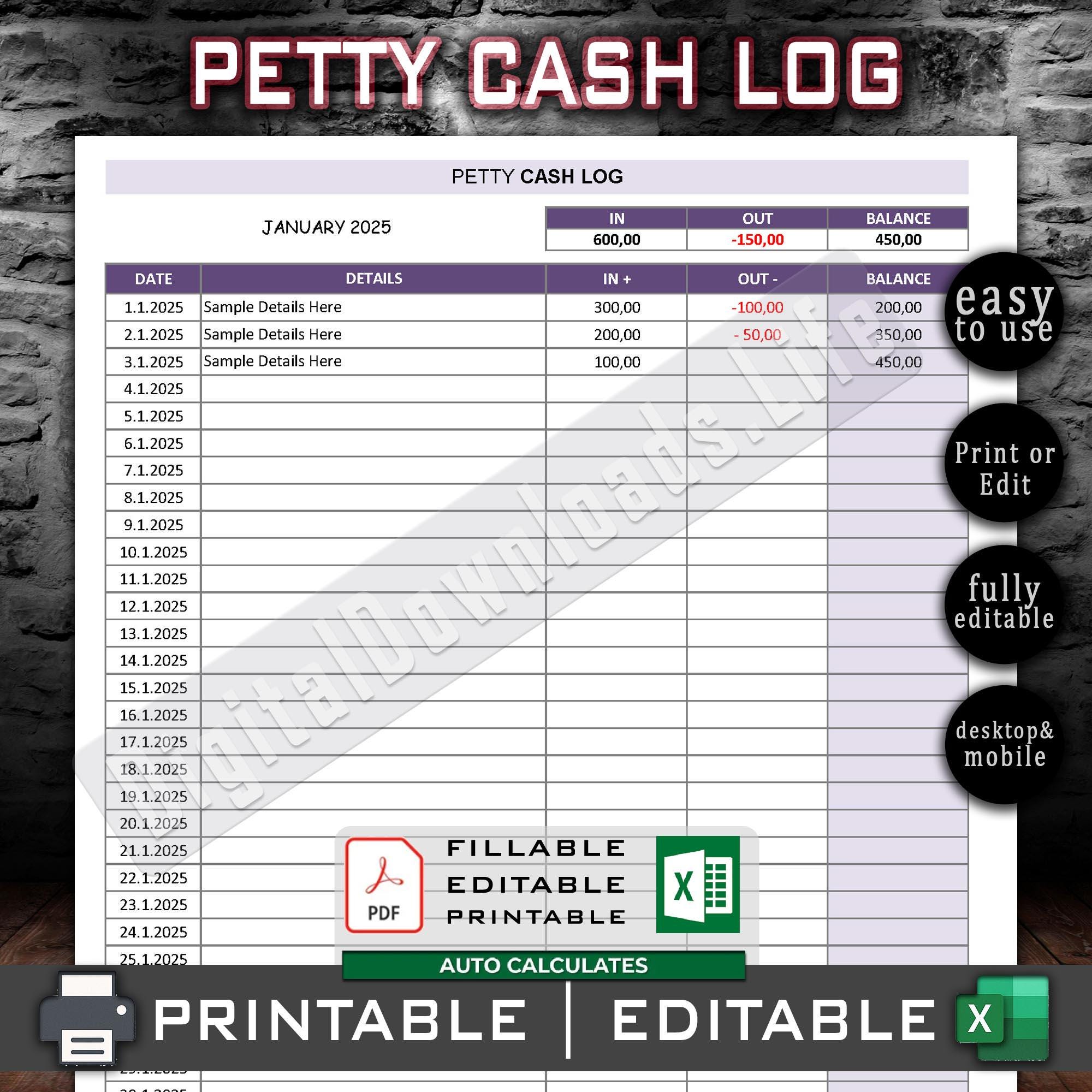 Petty Cash Log Template – Excel, Google Sheets & PDF | Auto-calculating ...