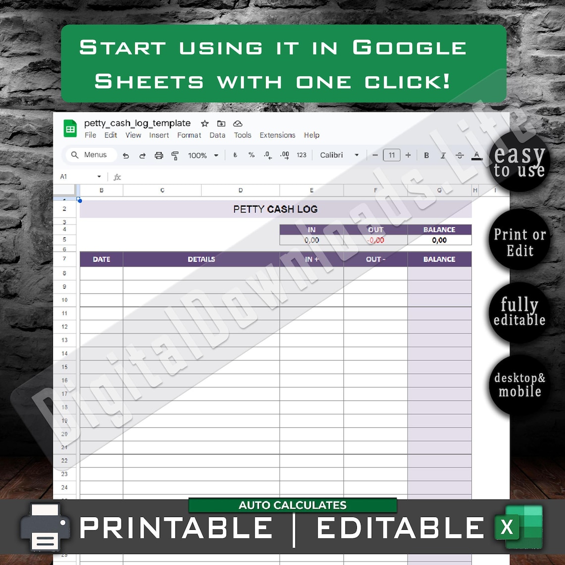 Petty Cash Log Template – Excel, Google Sheets & PDF | Auto-calculating ...