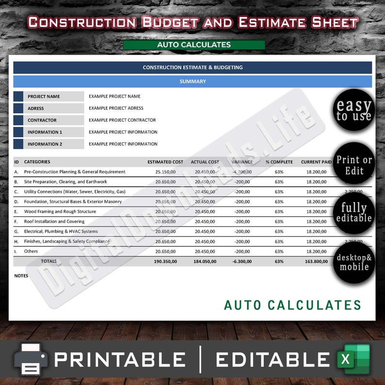 Construction Budget and Estimate Template | Construction Bid ...